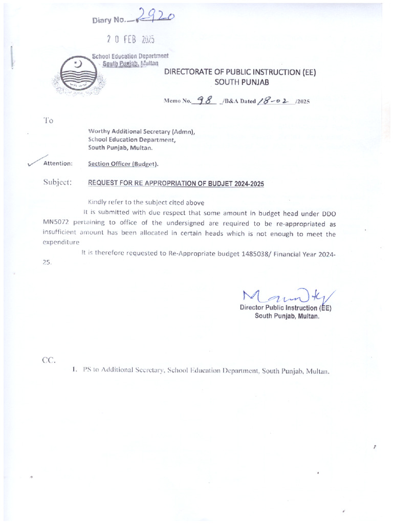 2920 Request For Re Appropriation of Budget 2024 25 | PDF