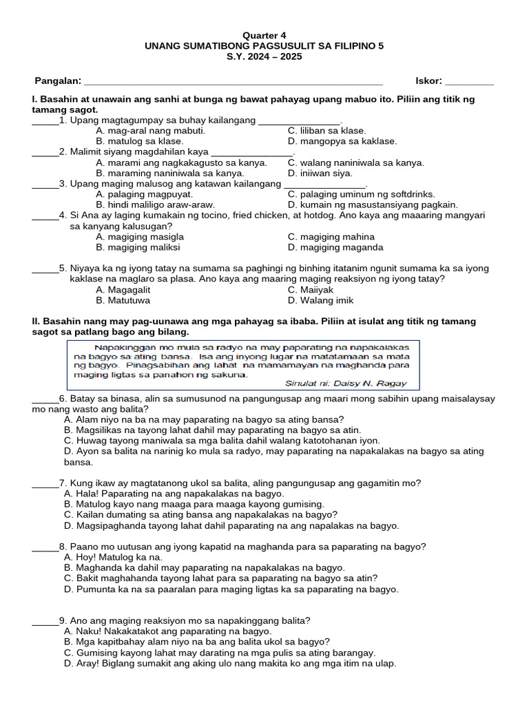 1st Summative Test in Filipino Q4 | PDF