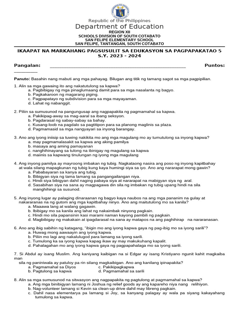 4th Quarter Exam ESP 5 SY 2023-2024 | PDF