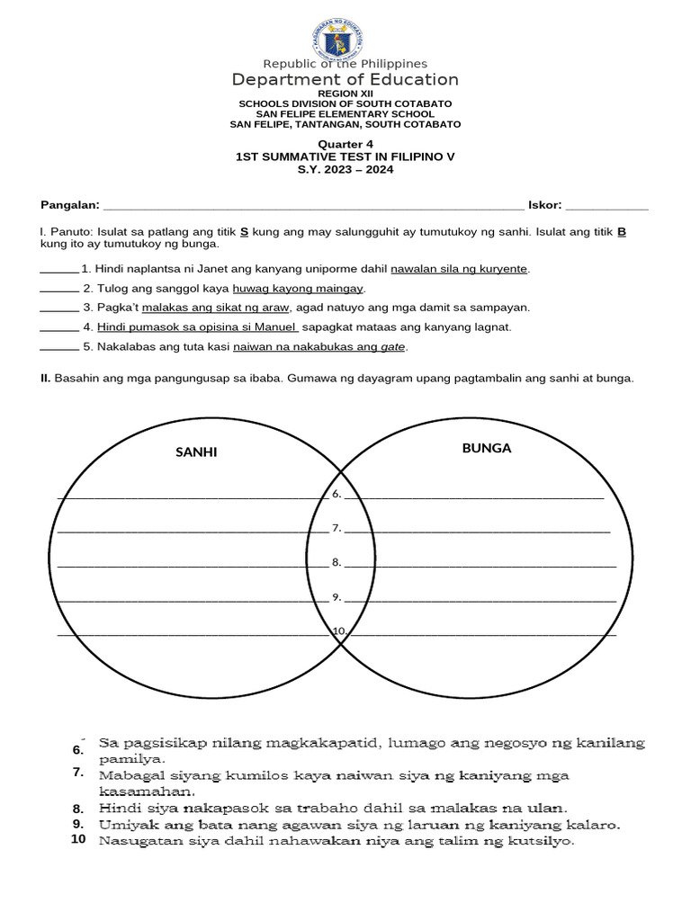 1st-parallel-Test-in-filipino-Quarter-4 | PDF
