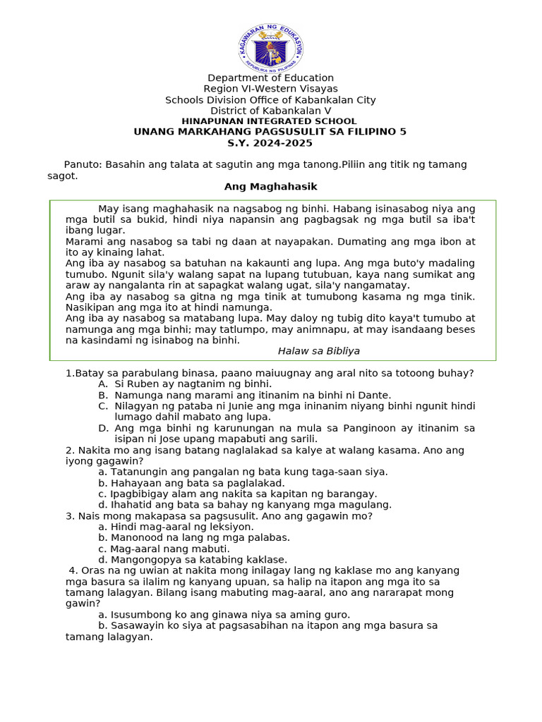 Unang Markahang Pagsusulit Sa Filipino 5 2024-2025 | PDF