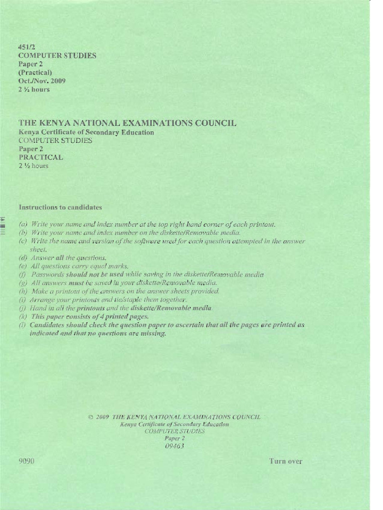 KCSE 2009 Computer Studies Paper II | PDF