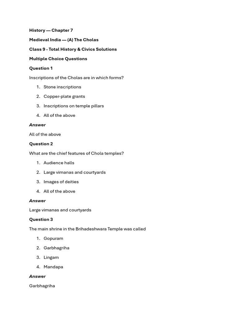 Class 9 Histroy Chapter 7 The Cholas | PDF