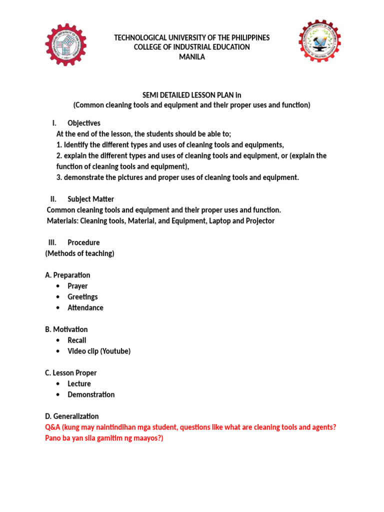 SEMI DETAILED LESSON PLAN in ProfEd | PDF | Cleaning