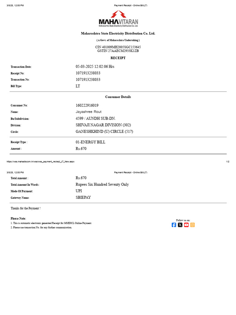 Electricity Payment Receipt - Online Bill (LT) March | PDF | Receipt ...