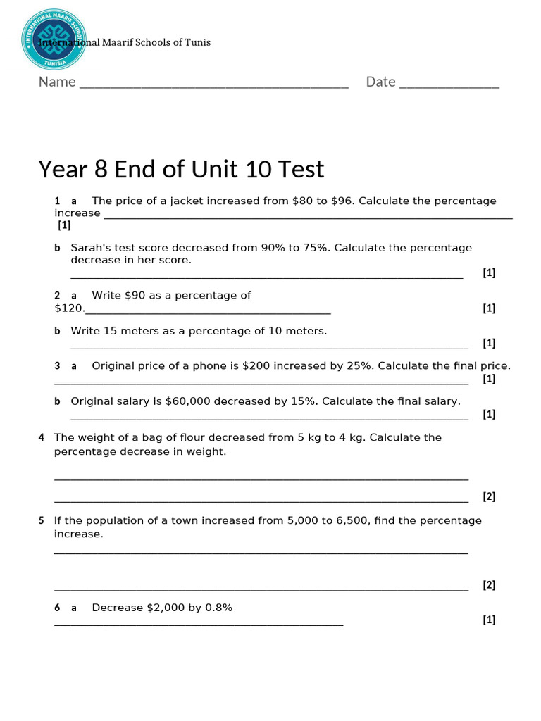 Year 8 Percentage Calculations Test | PDF