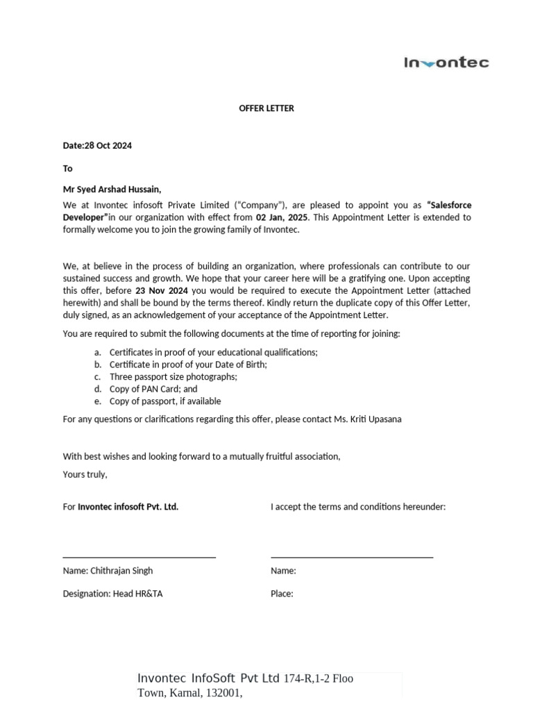 Offer Letter for Salesforce Developer | PDF | Legal Remedy | Employment