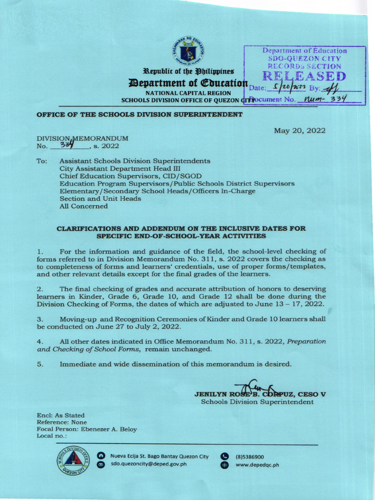 Clarification and Addendum On The Inclusive Dates For Specific End-Of ...