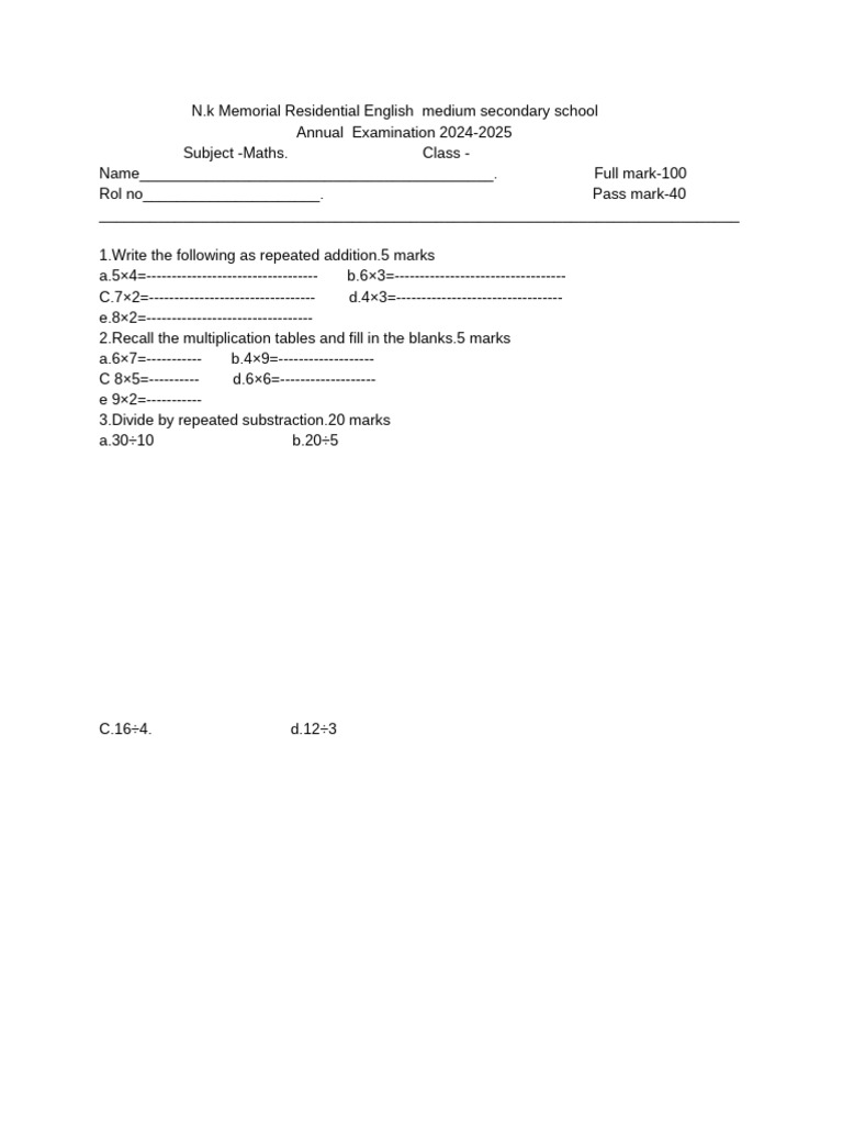 Class 2 Maths Final Exam - 125314 | PDF