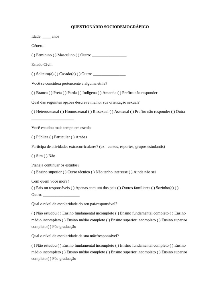 Questionário Sociodemográfico | PDF