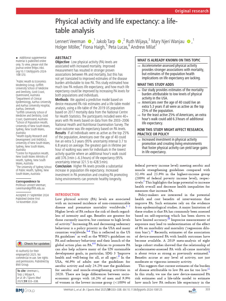 Physical Activity and Life Expectancy. A Life - Table Analysis | PDF ...