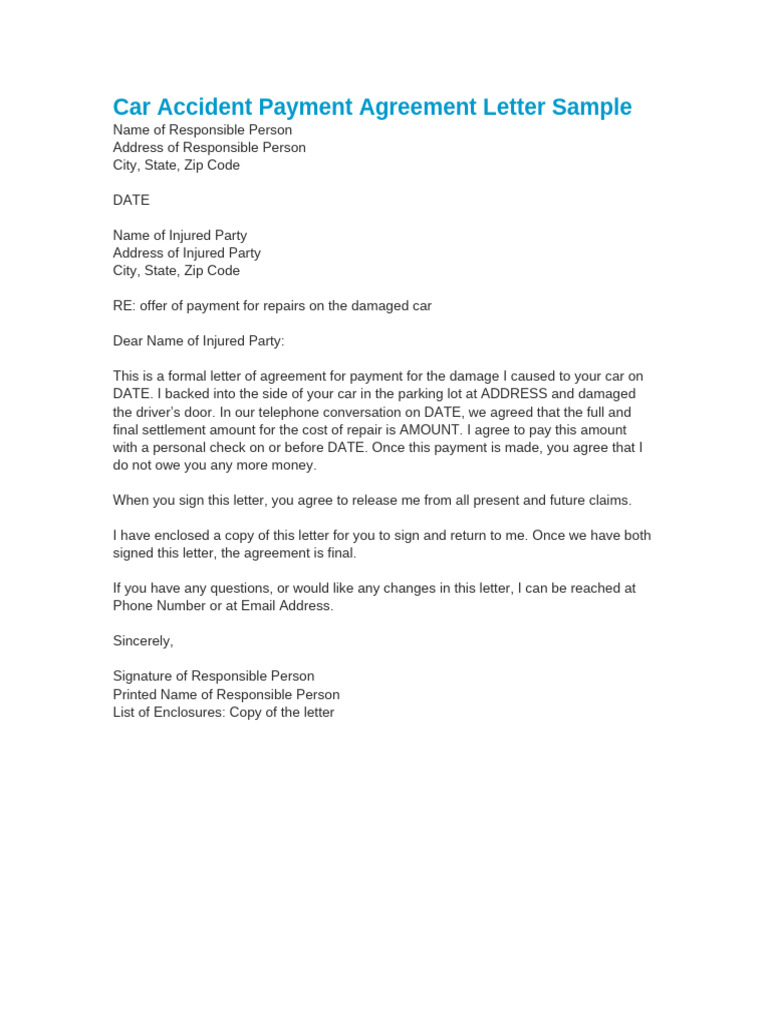 Car Accident Payment Agreement Sample | PDF