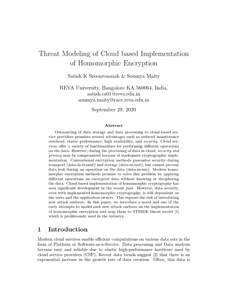 Threat Modeling of Cloud based Implementation of Homomorphic Encryption | PDF | Encryption ...