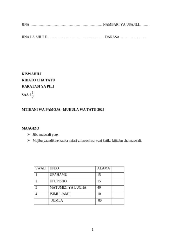 Form 3 2023 End t3 Kiswahili p2 QN Teacher - Co .Ke Set A | PDF