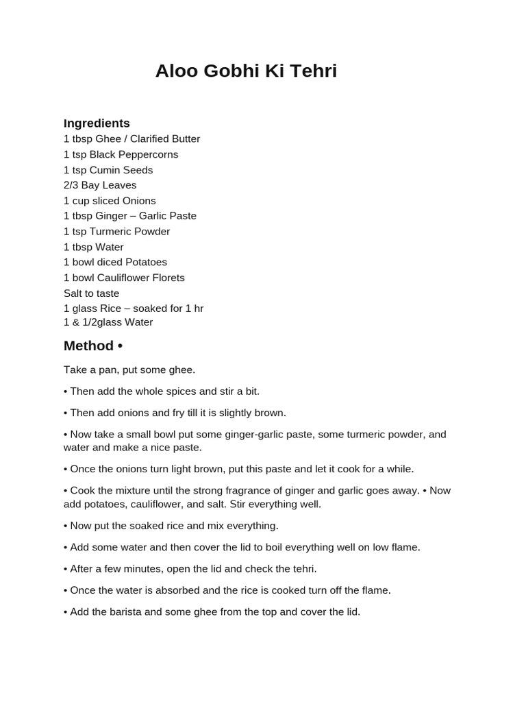 Aloo Gobi Tehri Recipe | PDF