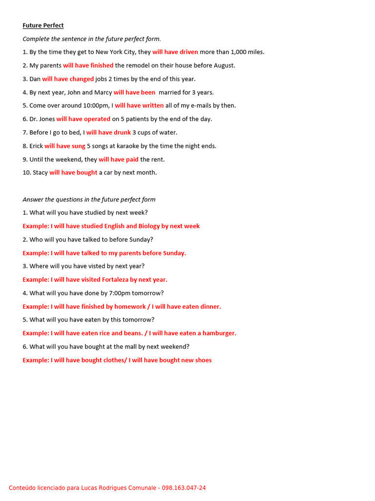 Future Perfect Tense Exercises | PDF