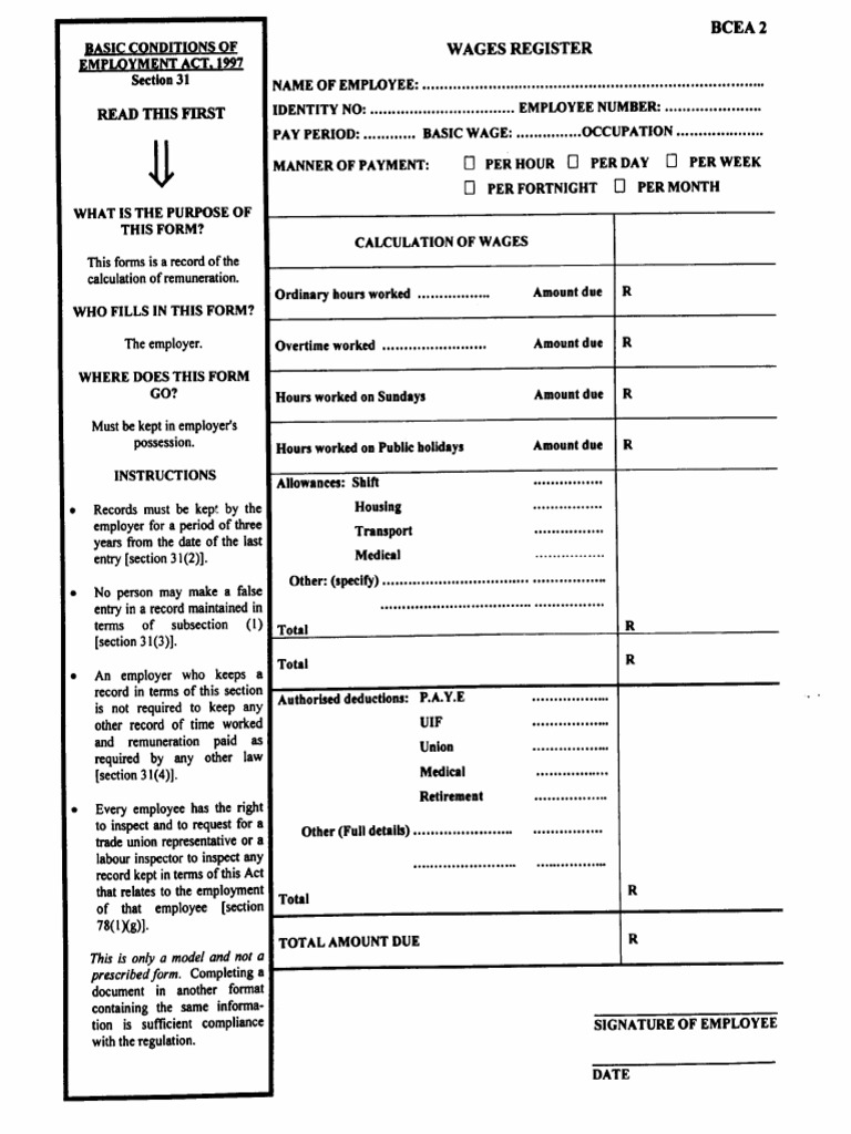 Form BCEA2 Wages Register | PDF