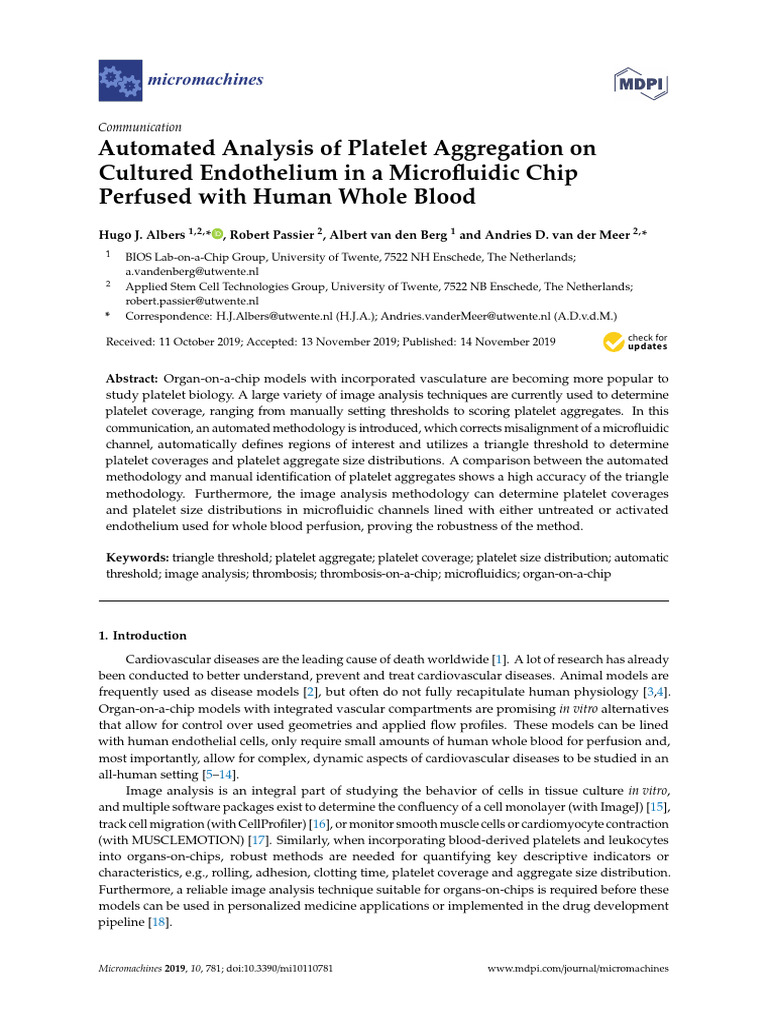 Automated Platelet Analysis in Microfluidics | PDF | Platelet
