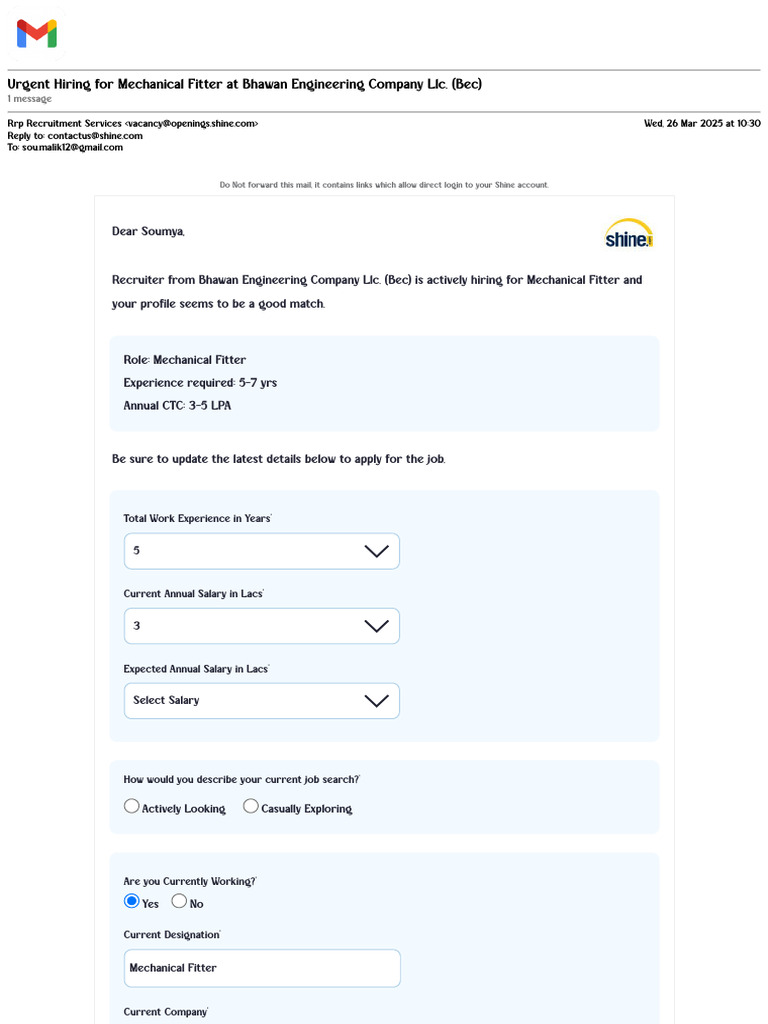 Gmail - Urgent Hiring For Mechanical Fitter at Bhawan Engineering Company Llc. (Bec) | PDF