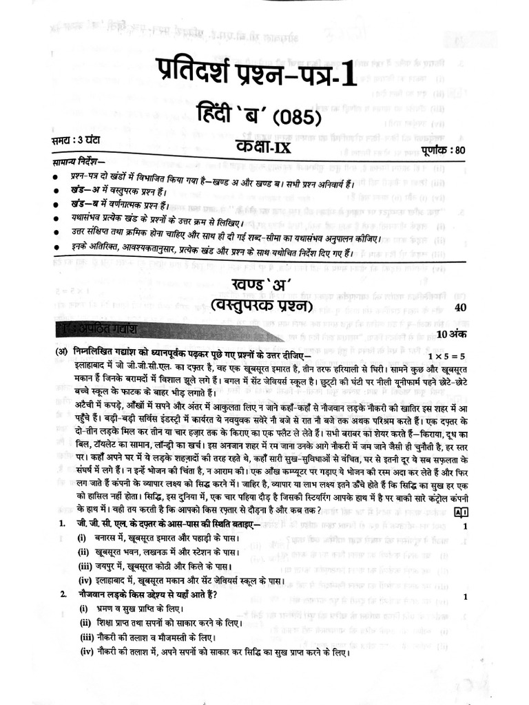 Hindi Sample Papers for Practice | PDF