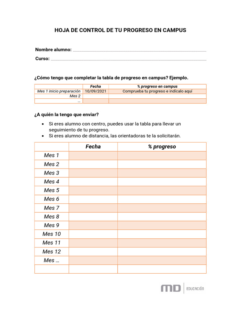 Hoja de Control de Tu Progreso en Campus: Nombre Alumno: Curso | PDF