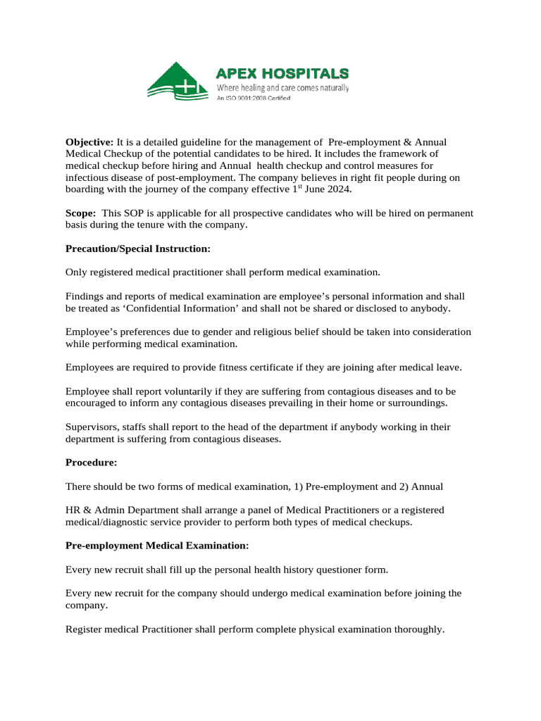Annual Employee Health Checkup Guidelines | PDF | Physical Examination ...