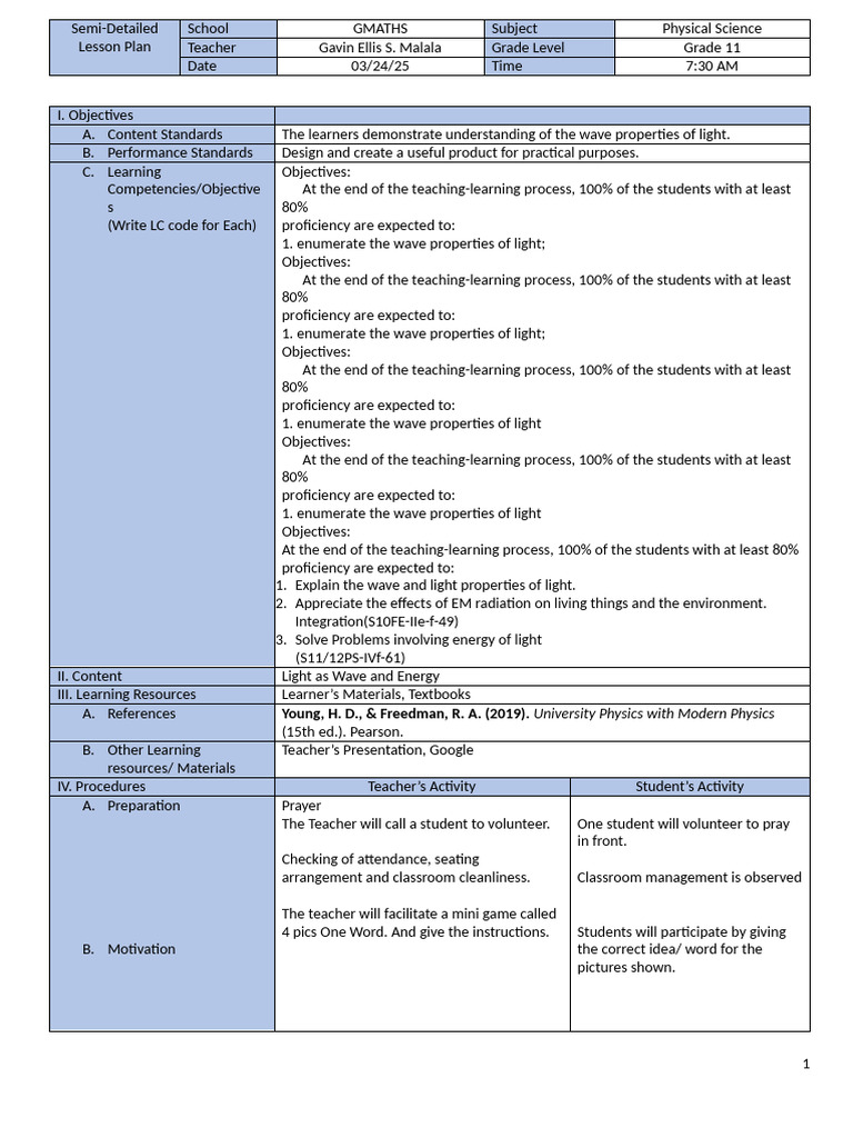 Semi-Detailed Lesson Plan LIght | PDF | Light | Learning