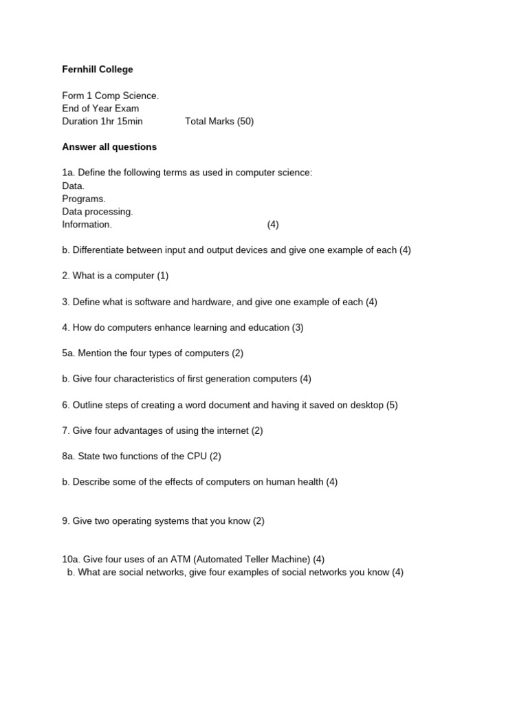 Form 1 Computer Science Exam Guide | PDF
