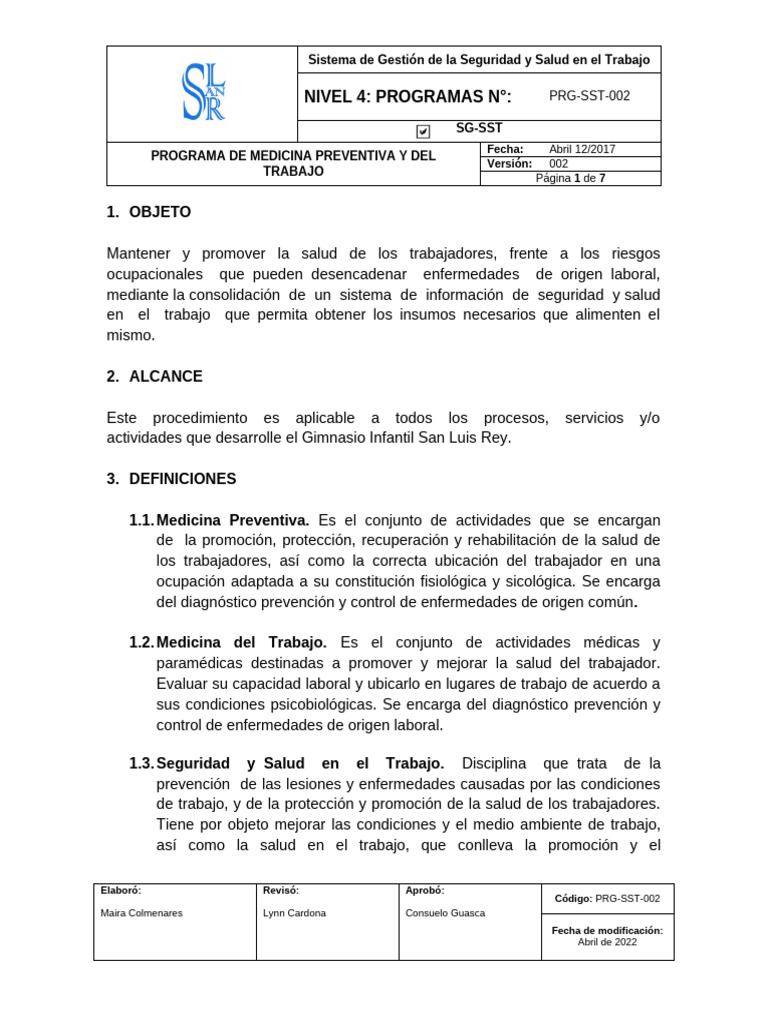 PRG-SST-002 Programa de Medicina Preventiva y Del Trabajo | PDF | Seguridad y salud ocupacional ...