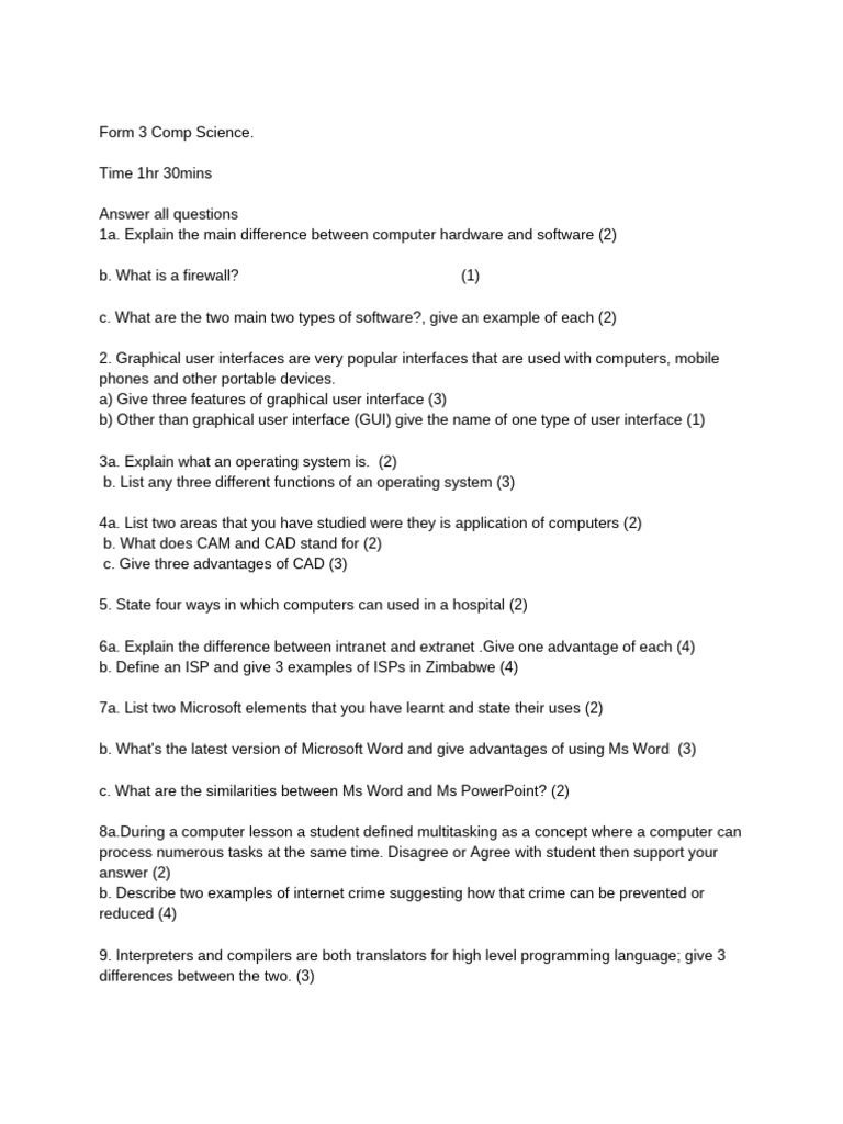 Form 3 Comp Science End of Term 1 | PDF | Computer Data Storage ...