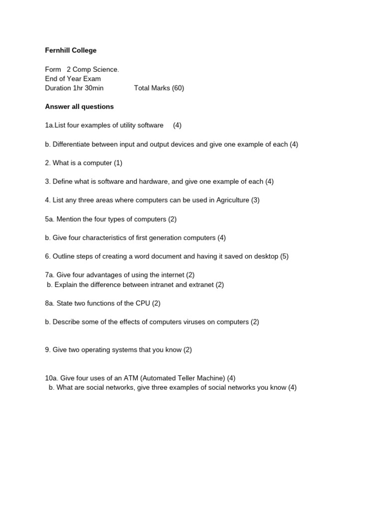 Form 2 Computer Science Exam Guide | PDF