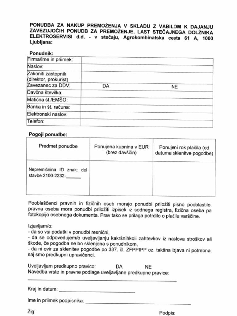 Garaže Obrazec Ponudbe | PDF