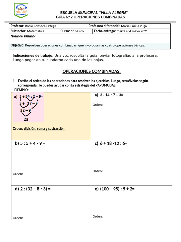GuÍa Nº 2 6º MatemÁtica Operaciones Combinadas I Pdf
