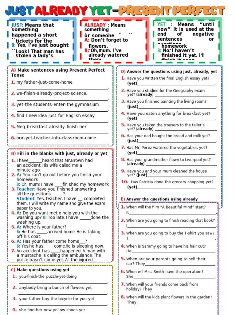 Present Perfect Exercises: Just, Already, Yet | PDF