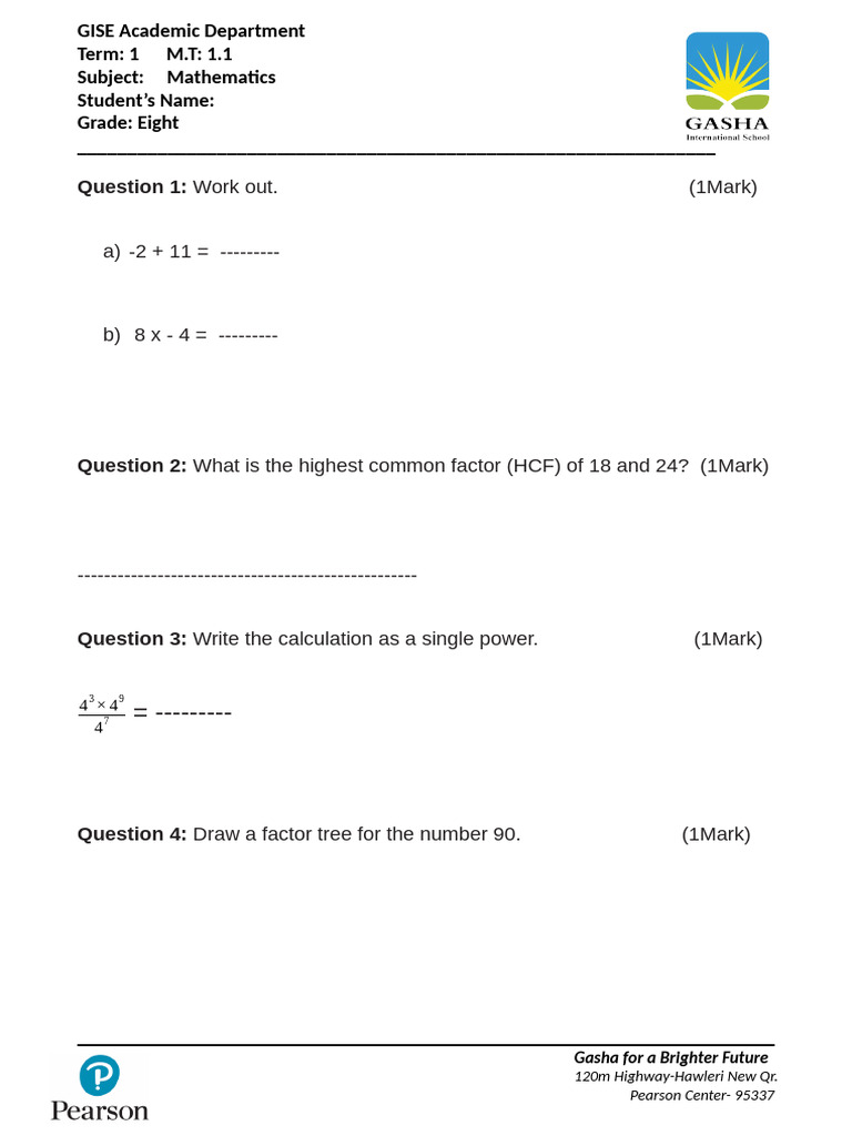 Minute Test Template Grade 8 | PDF