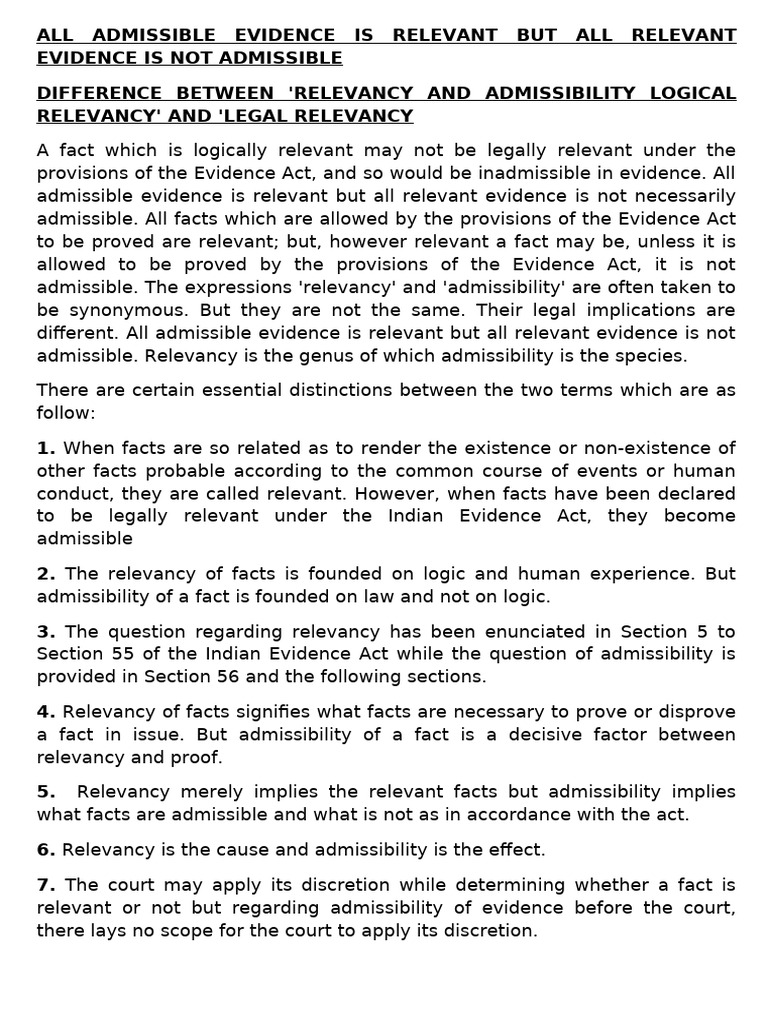 Admissibility vs. Relevancy in Evidence | PDF | Confession (Law) | Evidence