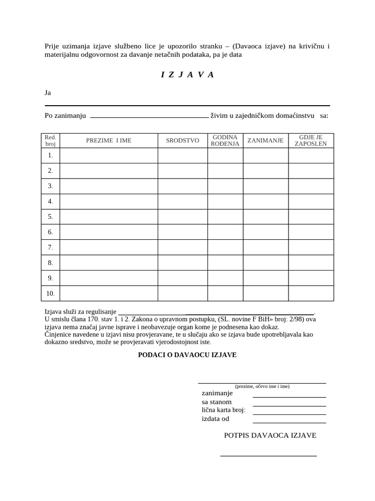 A - Kucna Lista Licna Izjava | PDF