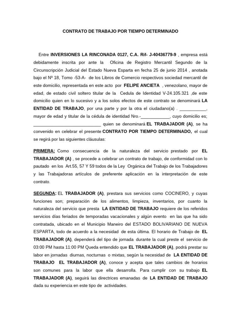 Cont de Por Tiempo Det Formato Act Inv La Rinconada | PDF