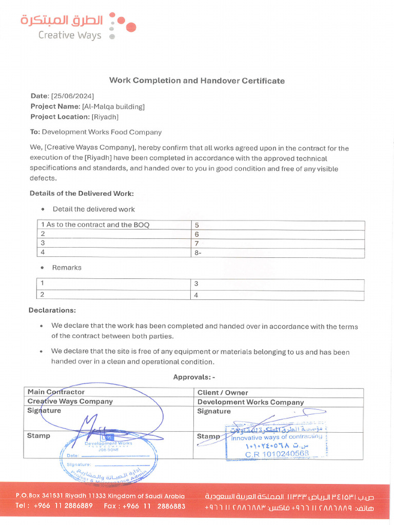 Work Completion and Handover_Al Malqa Building | PDF