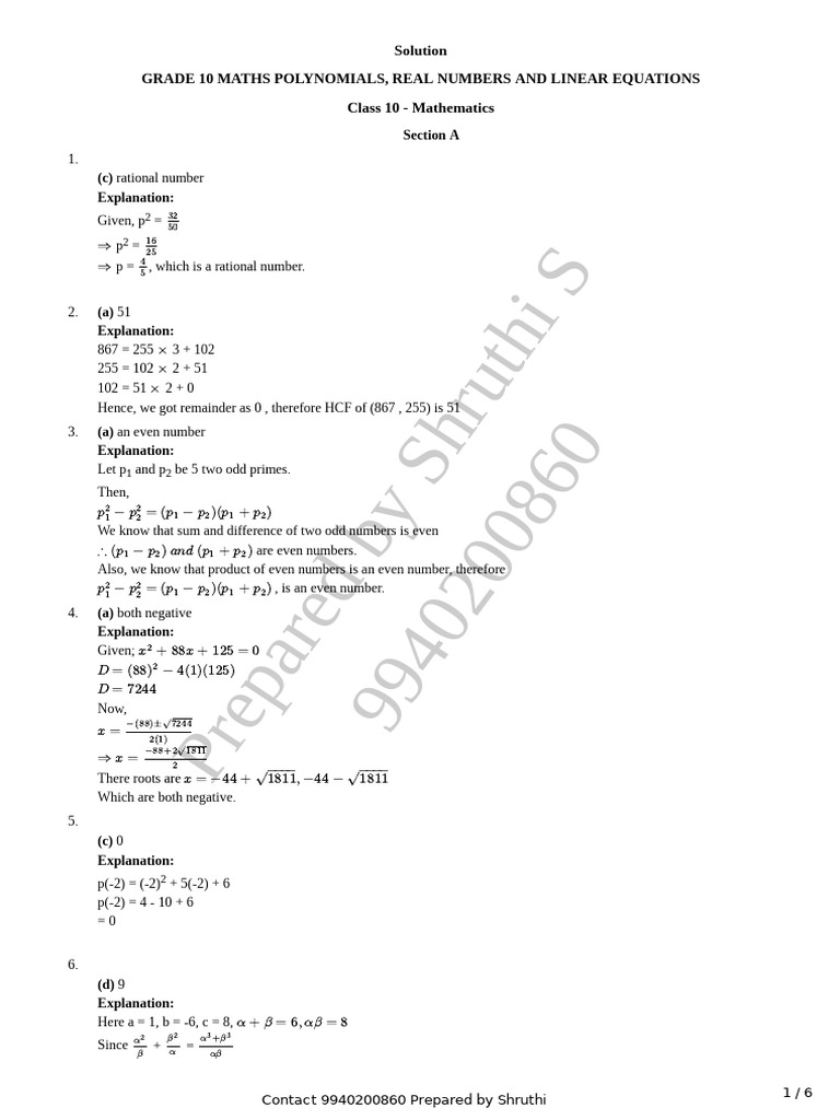Grade 10 Maths Polynomials, Real Numbers and Linear Equations Solns | PDF | Factorization ...
