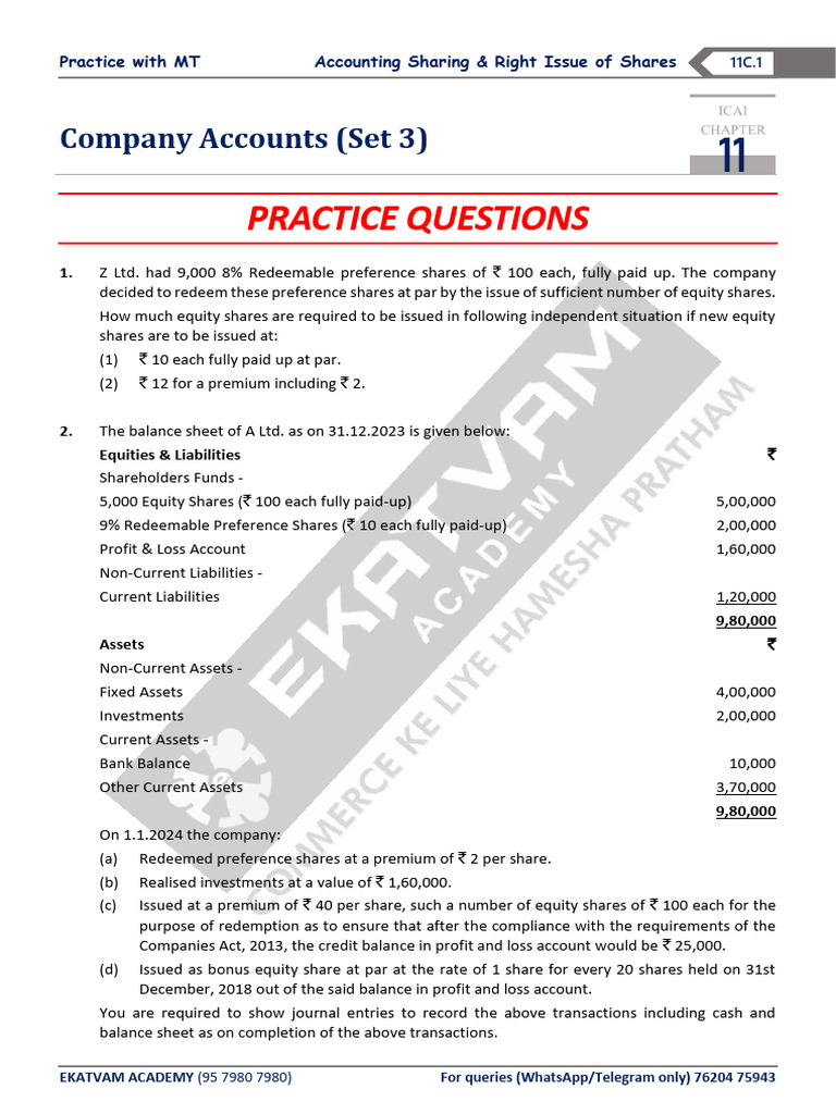 CHP 11 - Company Accounts - Practice Que Set 3 - May 2024 - Used | PDF | Equity (Finance ...