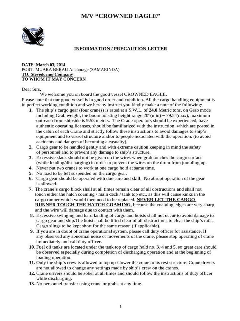 Information To Stevedores GRABS | PDF | Crane (Machine) | Cargo