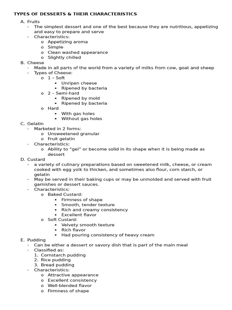 Dessert Types and Their Key Traits | PDF | Desserts | Custard