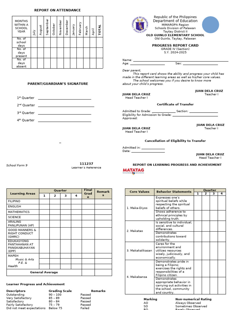 SF9 (Learner Progress Report Card) - Copy | PDF | Learning