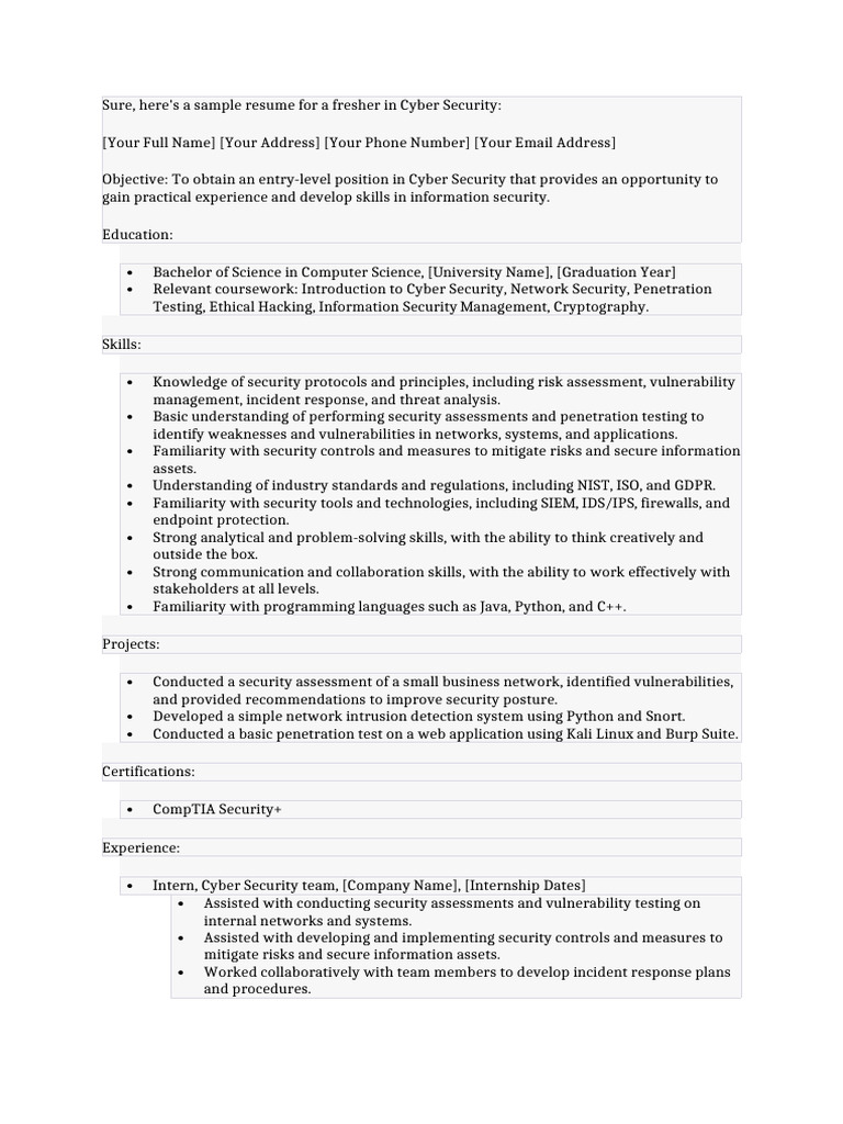 Entry-Level Cyber Security Resume Sample | PDF | Security | Computer ...