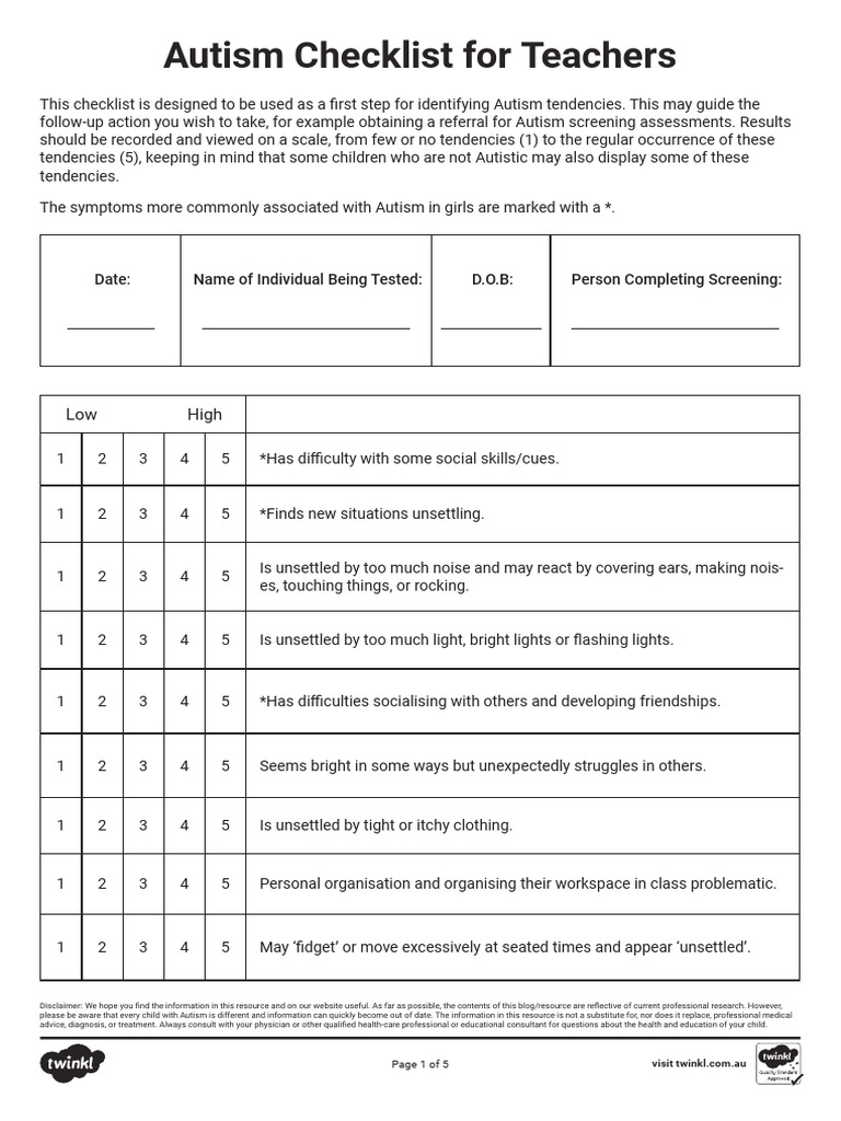 Autism Checklist for Teachers | PDF
