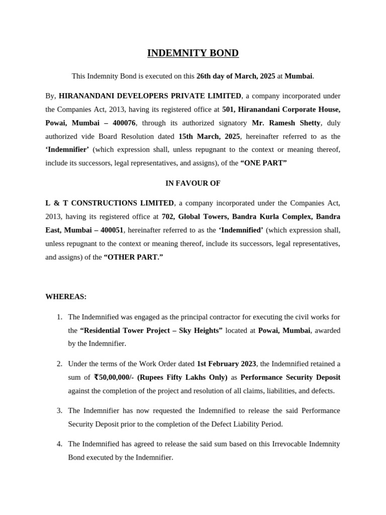 A024 DPC Assignment Indemnity Bond | PDF | Indemnity | Common Law