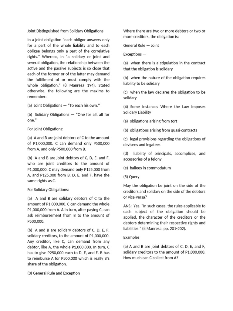 Joint Distinguished From Solidary Obligations | PDF | Debtor | Legal ...