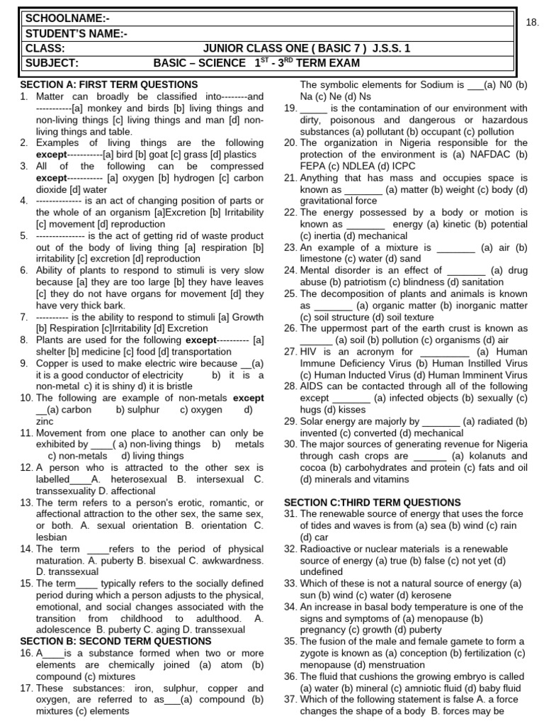 Basic Science JSS1 3RD Term Exam | PDF | Planets | Solar System