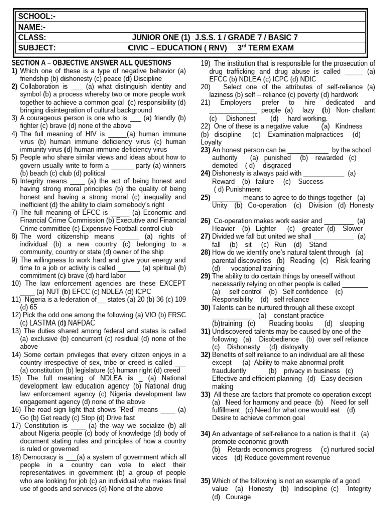 JSS1 Civic Education 3rd Term Exam | PDF | Citizenship | Nation